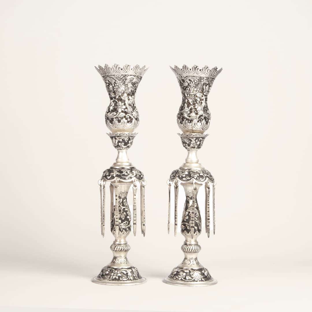 Silver Ayne Shamdoon | Ghalamzani Mirror & Candle Holder Set