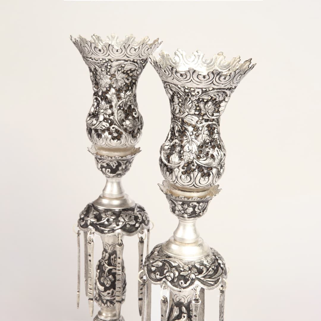 Silver Ayne Shamdoon | Ghalamzani Mirror & Candle Holder Set