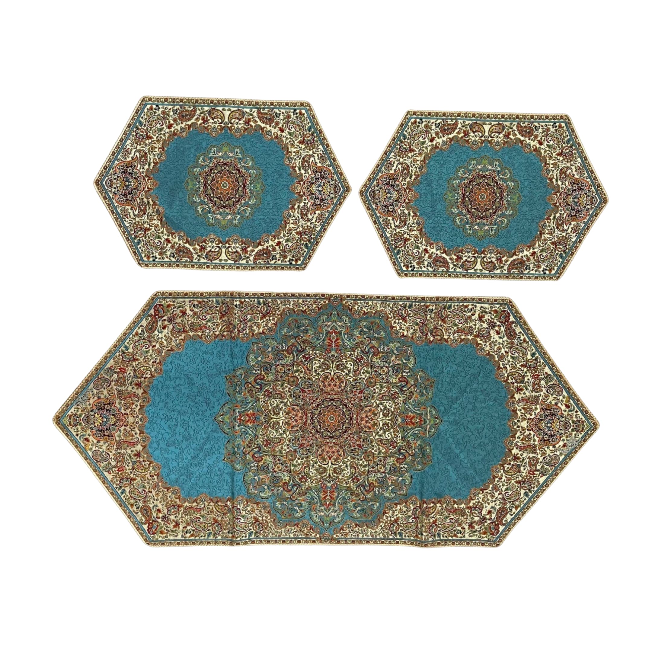 Persian Blue Silk Termeh Table Runner 3pcs Set - Persian Runner